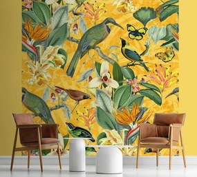 Gario Fototapeta Žlutý abstraktní ptáci na zelené větvi - Andrea Haase Materiál: Vliesová, Rozměry: 100 x 100 cm