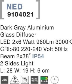 NV 9104021 Venkovní nástěnné svítidlo NED tmavě šedý hliník skleněný difuzor LED 2x6W 3000K 220-240V 2x38st. IP54 světlo po dvou stranách - NOVA LUCE
