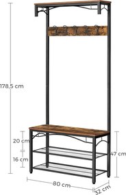 Předsíňový věšák s policí, úložným prostorem na boty a místem k sezení 80 x 32 x 178 cm, rustikální hnědá