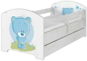 Dětská postel Oskar Modrý medvídek 140x70 cm - Norská borovice - 1x krátká + 1x dlouhá zábrana bez šuplíku