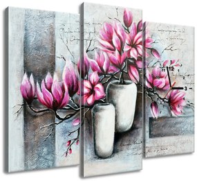 Gario Obraz s hodinami Růžové magnolie ve váze - 3 dílný Rozměry: 90 x 70 cm