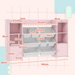 Dětský úložný regál, regál na hračky a knihy, pro přehledné uspořádání, 8 vyjímatelných boxů, růžový