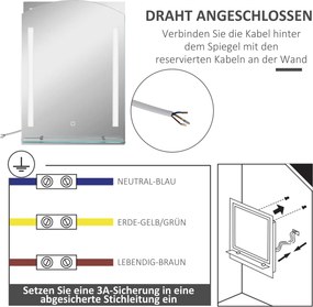 kleankin koupelnové zrcadlo s osvětlením, nástěnné zrcadlo se 3 barvami světla, IP44, osvětlené zrcadlo s dotykovým spínačem, paměťová funkce, hliník…