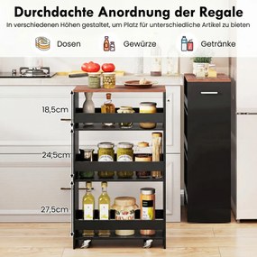 Costway 25 cm Tenký kuchyňský vozík 4 Pojízdný úložný vozík na patro Černá +