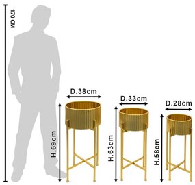 3ks zlatý antik stojan na květiny na skládacích nožkách – 38x69 /  33x63 /  28x58 cm