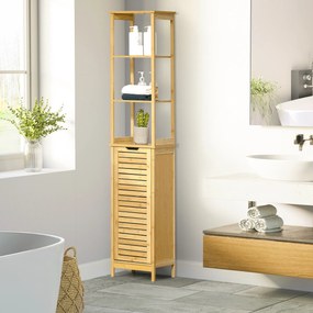 kleankin koupelnová skříňka bambus, 34 x 30 x 173 cm, se 3 otevřenými přihrádkami a 1 skříňkou, ochrana proti překlopení, otevírání na madlo, volně s…