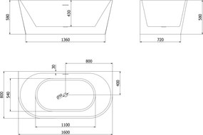 Mexen Oval, volně stojící nástěnná vana 160 x 80 cm, bílá-černá, měděný přepad, 52671608075-65
