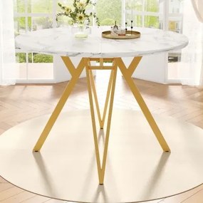 Aosom Kulatý jídelní stůl pro 4 osoby, deska stolu z MDF, 100 x 76 cm, bílá+zlatá