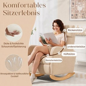 HOMCOM Houpací křeslo, čalouněné houpací křeslo s manšestrem, boční kapsy pro obývací pokoj, ložnici, béžová