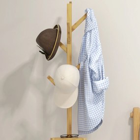 HOMCOM Stojan na kabáty z bambusu, závěs na oblečení s 8 háčky, 3 police, skříň, 46 x 175 cm, nábytek do předsíně na oblečení a klobouky, přírodní