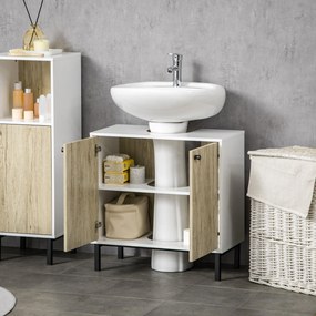 kleankin Skříňka pod umyvadlo pro moderní umyvadla s kovovými nohami a dvojitými dveřmi 60 x 30 x 60 cm - Bílá a dřevěná barva
