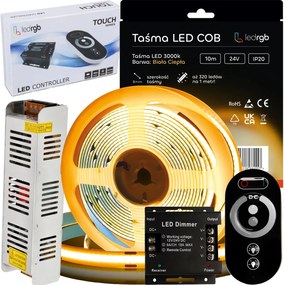 Sada Led pásků Cob 24V 10 m 3000K Bílá Teplá Napájecí Zdroj Dálkový Ovladač Rádiový Ster