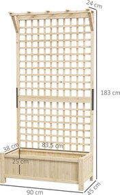 Vyvýšený záhon s mříží a stříškou, truhlík na květiny, záhon odolný proti povětrnostním vlivům, dřevo, 90 x 45 x 183 cm, přírodní dřevo