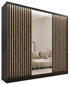 Nejlevnější nábytek Šatní skříň INSULAR 3D 200 se zrcadlem, 4 šuplíky a 2 šatními tyčemi, černý mat/dub artisan