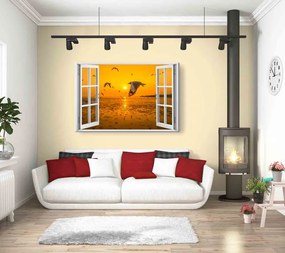 Malvis ® Obraz okno oranžový východ slunce Velikost (šířka x výška): 90x60 cm