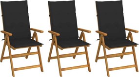 vidaXL Skládací zahradní židle s poduškami 3 ks masivní akáciové dřevo [3064089] Barva: Černá