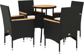 5dílný zahradní jídelní set a podušky černý polyratan a akácie 3278718