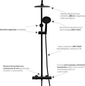 Erga Enza, sprchová souprava s termostatickou baterií a dešťovou hlavicí 20cm, černá matná, ERG-YKA-BP.ENZA20-BLK