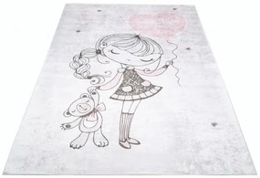 Dětský kusový koberec vhodný k praní BAMBINO 2231 Holčička Medvídek protiskluzový krémový šedý Rozměr: 160x230 cm