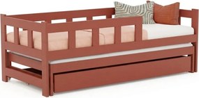 Benlemi Jednolůžko FENCE 90x200 3v1 se zábranou, přistýlkou a úložným šuplíkem Zvolte barvu: Cihlová, Zvolte zábranu: S jednou zábranou vlevo