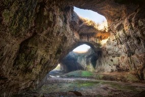 DIMEX | Samolepicí vliesová fototapeta na zeď Pohled z jeskyně MA-5-1700 | 375 x 250 cm | zelená, hnědá, šedá