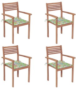 Zahradní židle 4 ks podušky se vzorem listů masivní teak,  3062301
