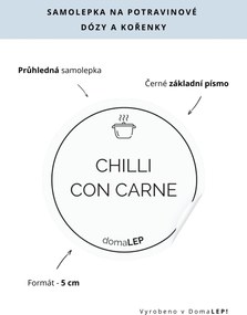 Samolepka na kořenky CHILLI CON CARNE průhledná 5 cm základní písmo
