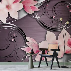 Fototapeta Abstrakce s květinami - růžové magnólie na kovovém pozadí s vzory