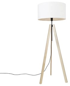 Moderní stojací lampa dřevěný lněný odstín bílý 50 cm stativ - Telu
