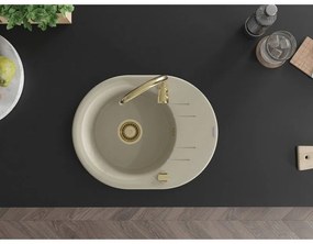 Mexen Kevin, granitový dřez 586x458x190 mm, 1-komorový, béžová se zlatým sifonem, 6517581005-69-G