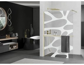 Mexen Kioto+, sprchová zástěna Walk-In s poličkou a věšákem 140 x 200 cm, 8mm čiré sklo bílý vzor, ​​zlatý matný profil, 800-140-121-55-97