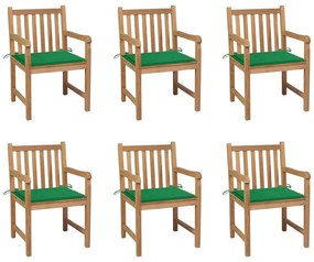 Zahradní židle 6 ks zelené podušky masivní teak,  3073036