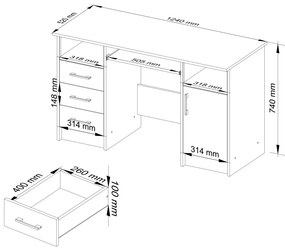 Volně stojící psací stůl ANA 124 cm bílý/grafitový