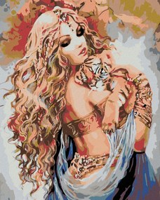 zuty malování podle čísel - krásná žena a tygří mládě, 80x100 cm, vypnuté plátno na rám