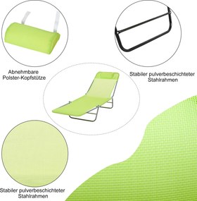 Skládací sluneční lehátko Outsunny s nastavitelným opěradlem a polštářem, zahradní, plážové a kempingové lehátko, Zelené