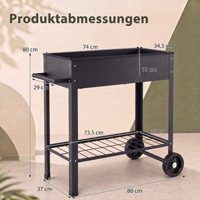 Costway Vyvýšený záhon kovový s 2 kolečky Zeleninový záhon s – 88 × 37 × 80 cm