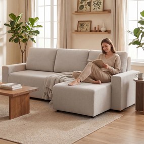 HOMCOM rozkládací rohová pohovka L, 3místná s otočnou chaise – béžový umělý semiš