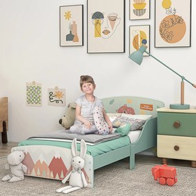 Dětská postel ZONEKIZ dřevěná 143x77x60 cm pro děti 3-6 let s ochrannými zábranami a potiskem, max. nosnost 40 kg, moderní zelený nábytek do dětského…