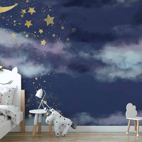 Fototapeta Noční nebe - krajina pro děti s zlatým měsícem a hvězdami