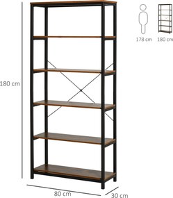 HOMCOM Retro Knihovna v Průmyslovém Stylu s 6 Otevřenými Policemi pro Knihy a Protipádovým Systémem pro Obývací Pokoj a Kancelář 80x30x180 cm v Rusti…