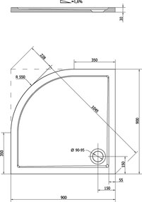 Polysan, SERA sprchová vanička z litého mramoru, čtvrtkruh 90x90x4cm, R550, bílá, 41511