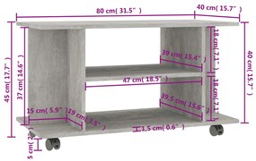 vidaXL TV stolek s kolečky betonově šedý 80 x 40 x 40 cm dřevotříska