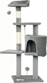 Strom pro kočky PawHut s více vybavením - škrabadla, platformy, skrýš, lanové hračky 40D x 40Š x 114V cm Šedý