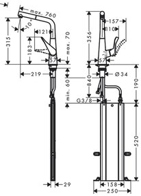 Hansgrohe Metris M71 - Páková kuchyňská baterie 320, Eco, vytahovatelný výtok, 1jet, sBox, chrom 73828000