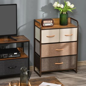 HOMCOM Textilní Komoda se 4 Skládacími Zásuvkami, Dřevěný Vrchní Plocha a Kovový Rám pro Obývací Pokoj 58x29x78,5 cm Vícebarevná