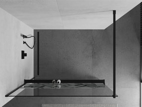 Mexen Kioto+, sprchová zástěna s poličkou a držákem na ručníky 140 x 200 cm, 8mm čiré sklo vzor bílý, černý profil, 800-130-121-70-85