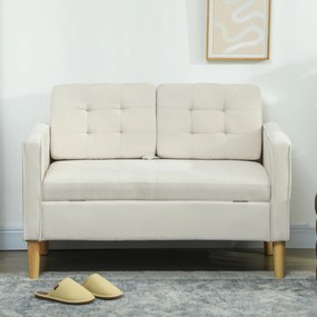 HOMCOM dvoumístná úložná pohovka, sametový vzhled, nohy z kaučukovníku, knoflíkové prošívání — 117 × 62 × 78 cm, krémová