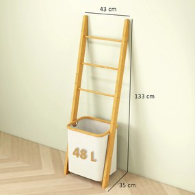 HOMCOM Koupelnový regál, 2-v-1, s 3 tyčemi, odnímatelný koš na prádlo 48 l, bambus, 43 x 35 x 133 cm, krémově bílý