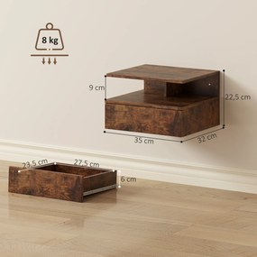 HOMCOM Sada 2 závěsných nočních stolků s šuplíkem, na montáž na stěnu 35x32x22,5 cm, rustikálně hnědá