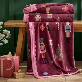 Vínová/růžová deka s vánočním motivem 170x130 cm Christmas Nutcracker – Catherine Lansfield